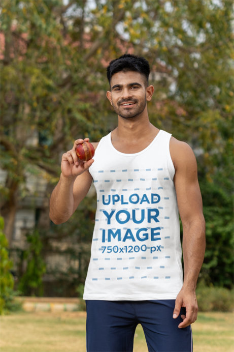 Placeit - Tank Top Mockup Featuring a Bearded Man Holding a Cricket Ball