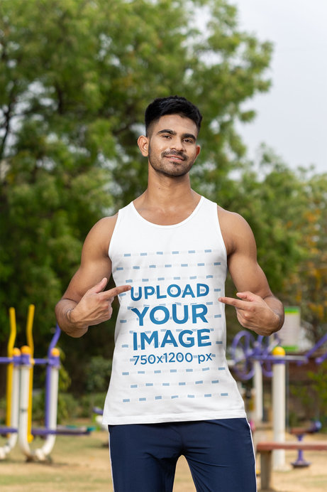 Placeit - Mockup of a Man Pointing at His Tank Top at a Park