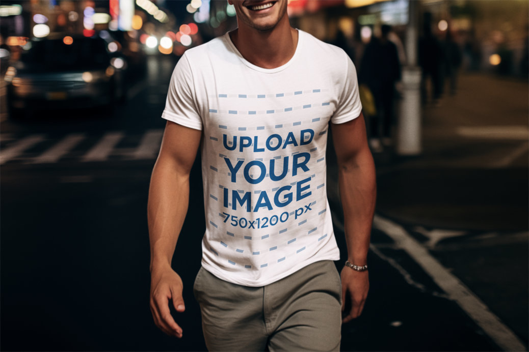 Placeit - AI-Created Mockup of a Smiling Man in a Tee Walking on the ...