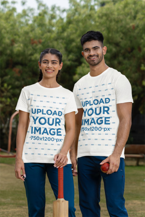 Placeit - Mockup of a Happy Man and a Woman Wearing Matching Tees on a ...