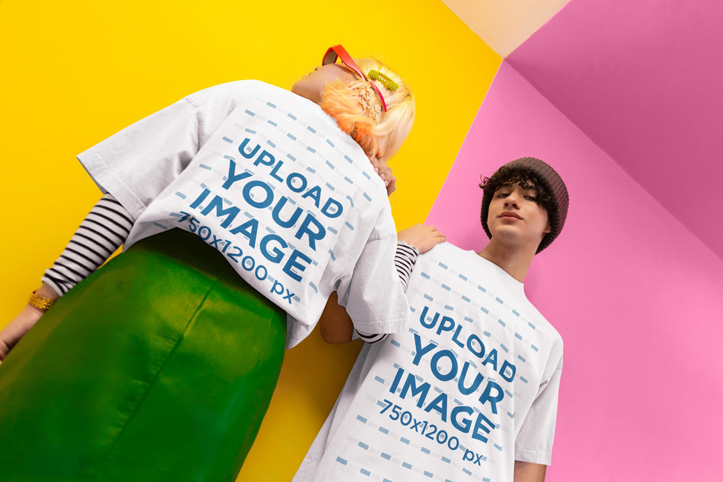 Placeit - Oversized Tee Mockup of a Man and a Woman in a New Pop Wave ...