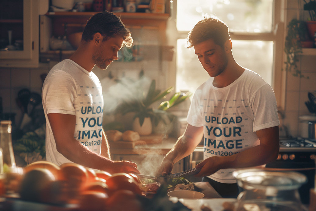 Placeit - Round-Neck T-Shirt Mockup of Two AI-Generated Men Cooking a Meal