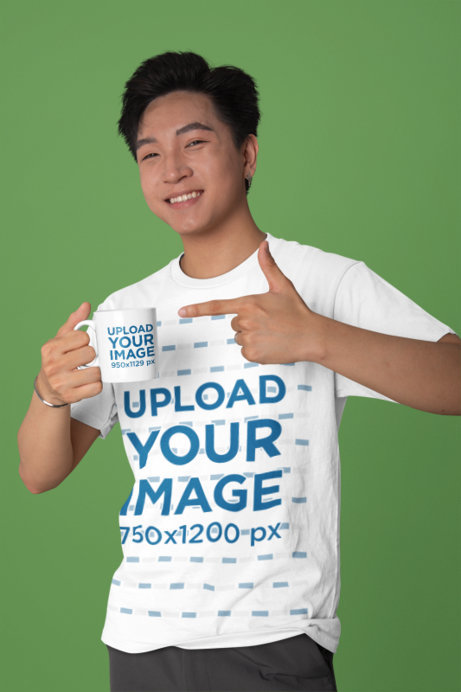 Placeit - Mockup of a Happy Man in a Studio Pointing at His 11 oz ...