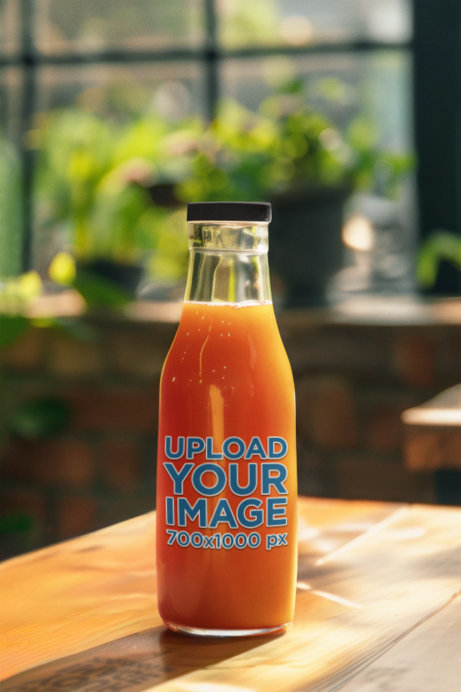 Placeit - AI-Created Mockup Featuring a Glass Bottle on a Wooden Table ...