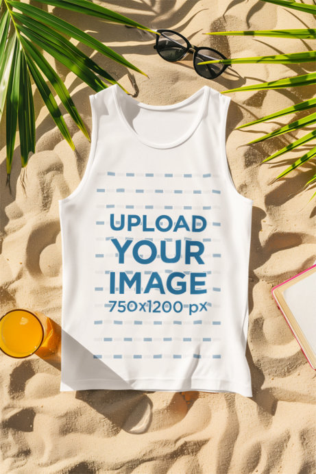 Placeit - AI-Generated Mockup Featuring a Tank Top Flat Laid on the Sand