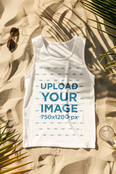 Placeit - Mockup Featuring a Tank Top Generated by AI Flat Laid on the Sand