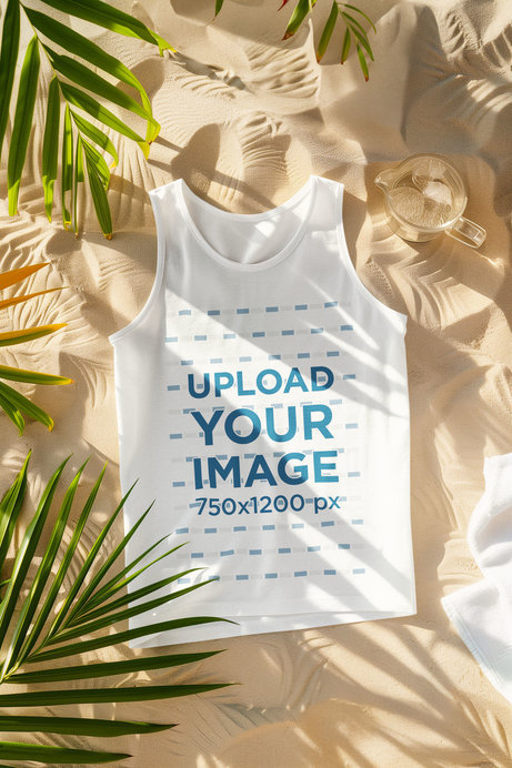 Placeit - Mockup of an AI-Created Tank Top Lying on the Beach