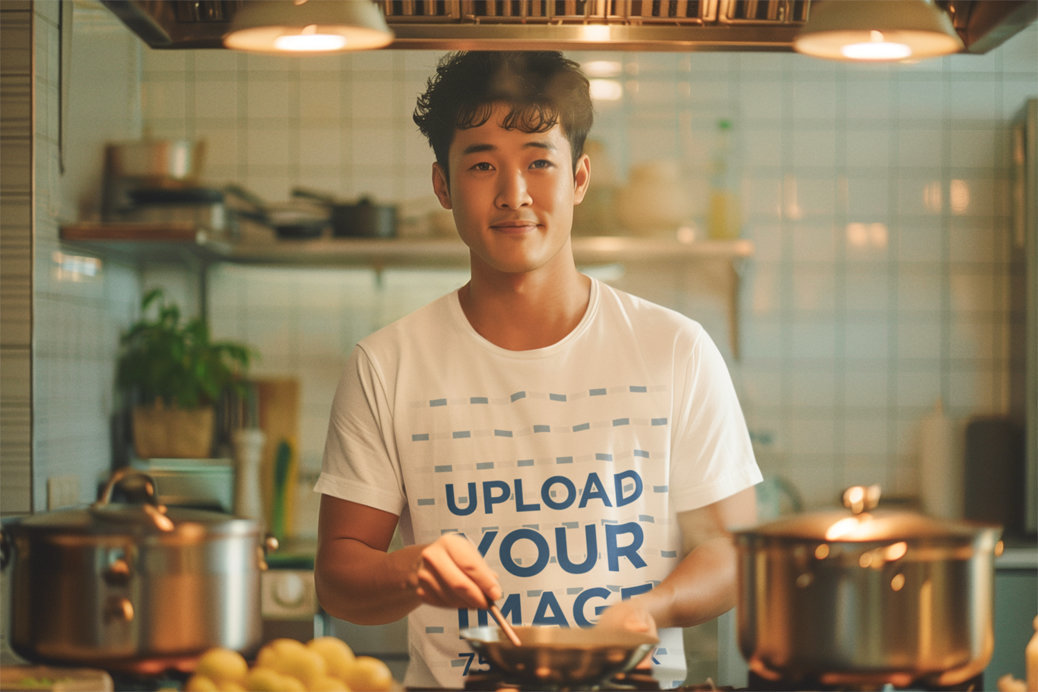 Placeit - T-Shirt Mockup of an AI-Generated Smiling Man Cooking a Dish