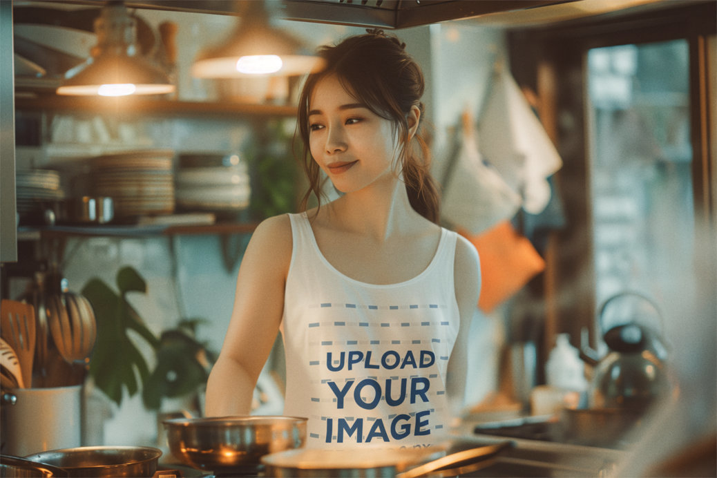 Placeit - Tank Top Mockup Featuring an AI-Created Smiling Woman Cooking ...