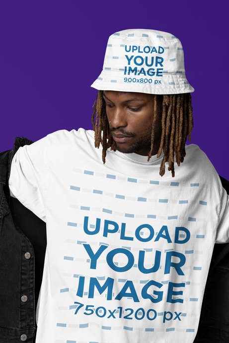 Placeit - Bucket Hat Mockup of a Man in an Oversized T-Shirt Posing in ...