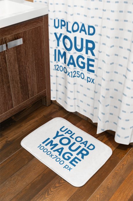 Placeit - Mockup of a Sublimated Bath Mat and a Shower Curtain Placed ...