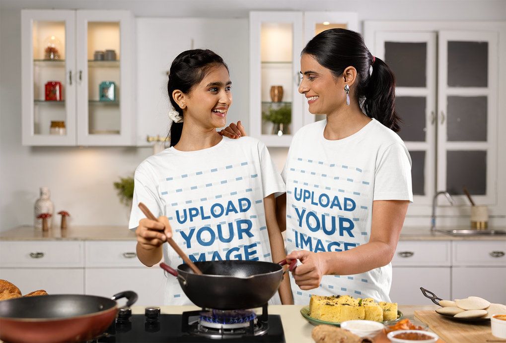 Placeit - Scott International Tee Mockup of a Cheerful Woman Cooking ...