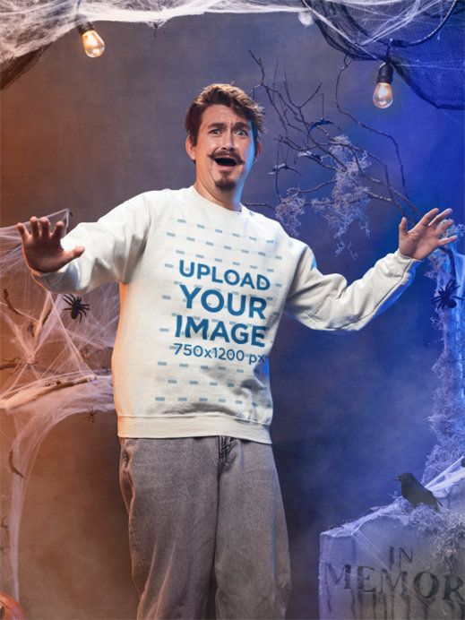 Placeit - Gildan Crewneck Sweatshirt Mockup of a Man in a Haunted House