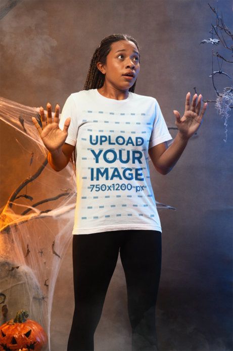 Placeit - Bella Canvas Tee Mockup of a Woman with a Scared Expression ...