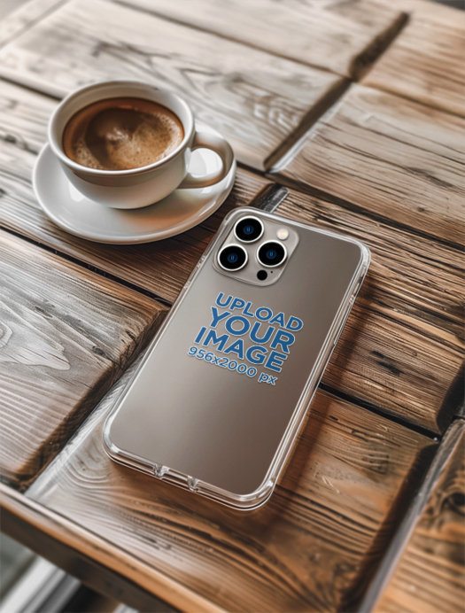 Placeit - Clear iPhone 15 Pro Case Mockup Featuring a Wooden Table with ...