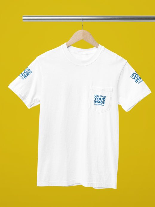 Placeit - Comfort Colors Mockup of a Pocket Tee Placed on a Wooden Hanger