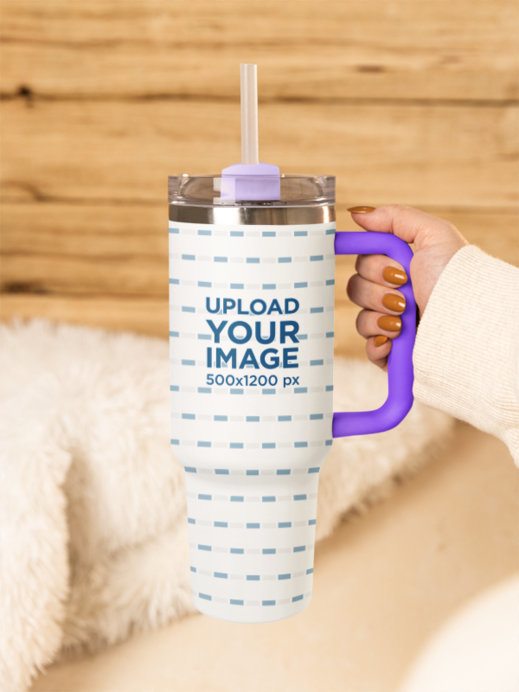 Placeit - Mockup of a Woman's Hand Holding a Stanley Tumbler in a Cozy ...
