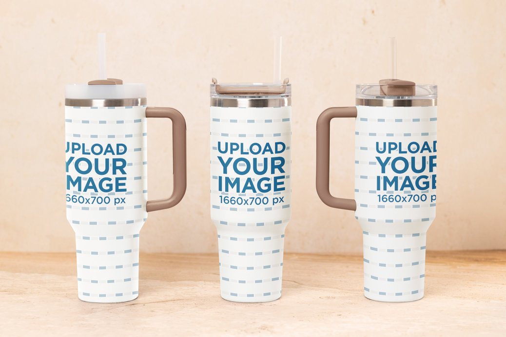 Placeit - Mockup of Three Stanley Tumblers Placed on a Kitchen Table