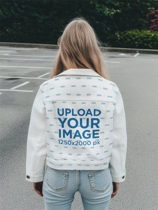 Placeit - Back-View Mockup Featuring an AI-Created Woman Wearing an Embroidered Denim Jacket