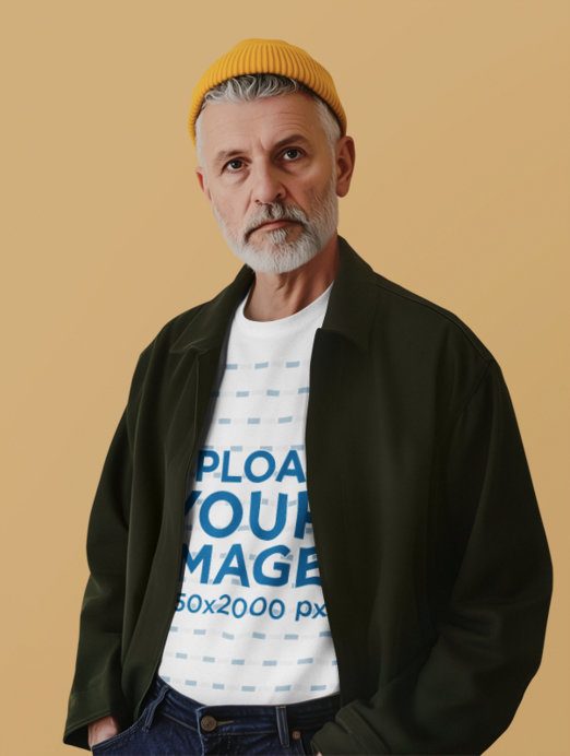 Placeit - Round-Neck T-Shirt Mockup of an AI-Generated Elder Man Posing ...