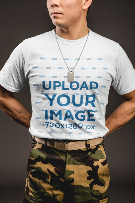 Placeit - Crewneck Tee Mockup of a Man in an Army Outfit