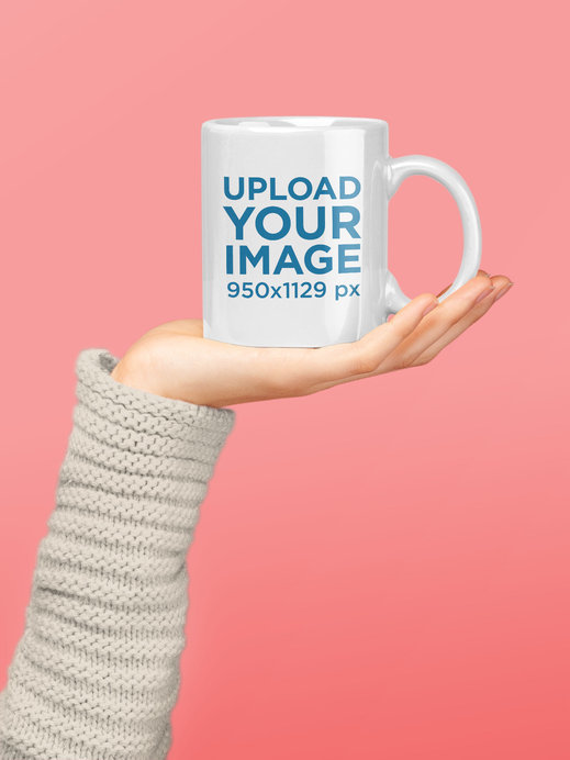 Placeit - Mug Mockup Held by a Woman Over a Solid Backdrop