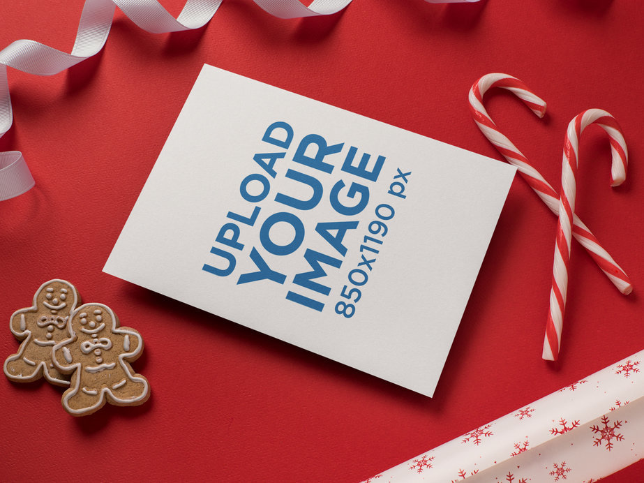 Placeit - Christmas Card Mockup with Gingerbread Men and Candy Canes