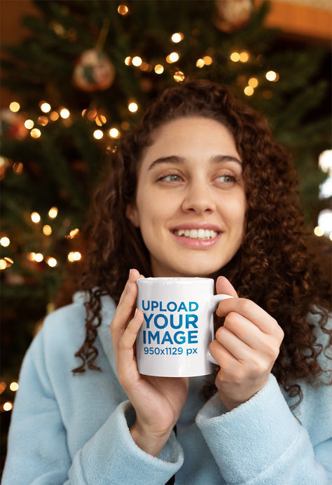 Placeit - Mug Mockup of a Beautiful Woman Drinking Hot Cocoa
