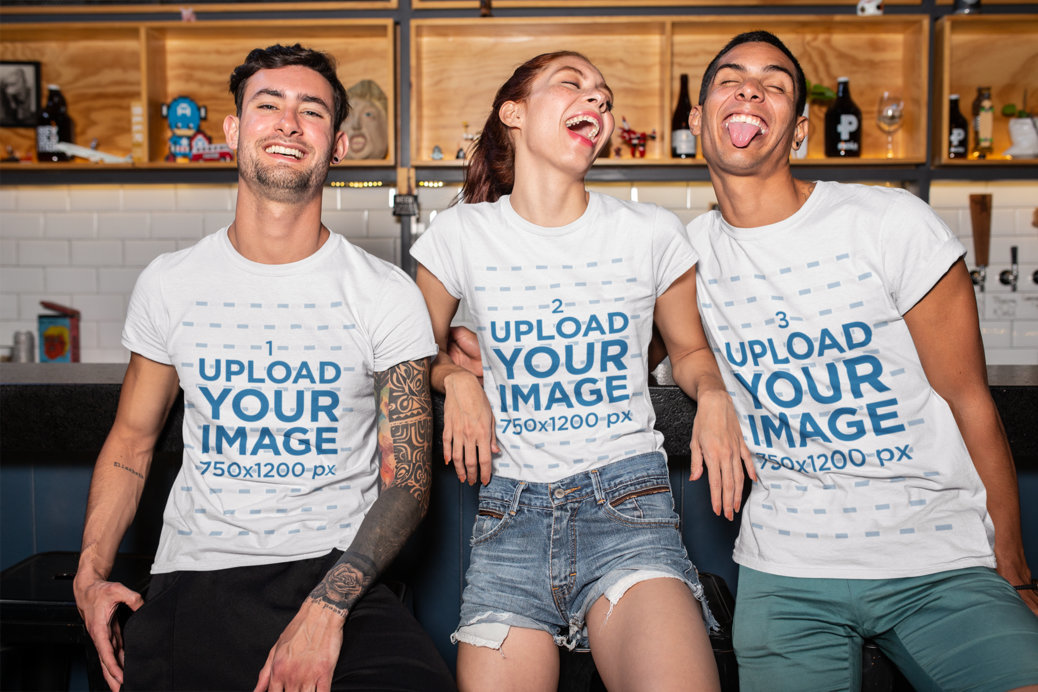 Placeit - T-Shirt Mockup of a Group of Friends Having Fun at the Bar