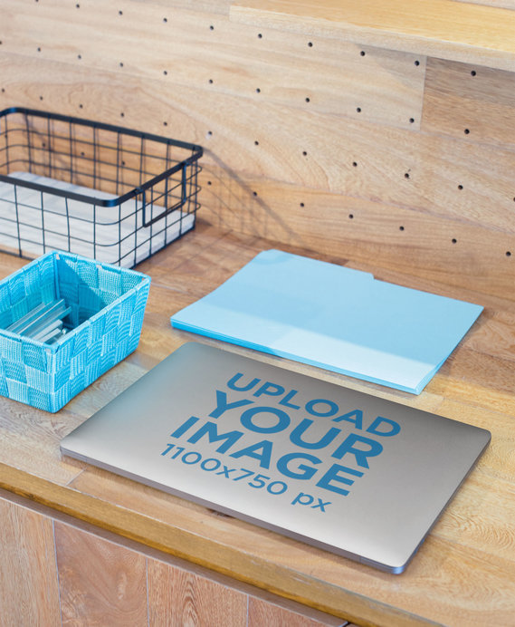 Placeit - Sticker Mockup of a Computer on Wooden Desk