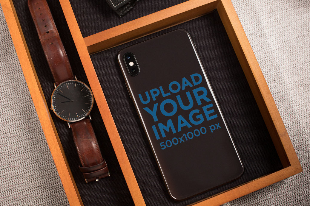 Placeit - Phone Sticker Mockup Featuring an Elegant Wooden Box