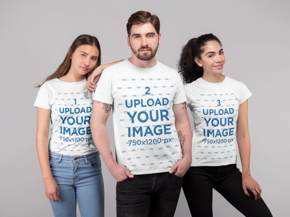 Placeit - T-Shirt Mockup of a Group of Three Friends at a Studio