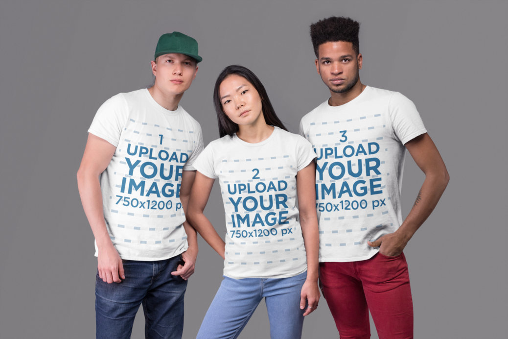 Placeit - Mockup of a Group of Three Friends Wearing Round Neck Tees at ...