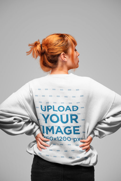 Placeit - Sweatshirt Mockup of a Woman with a Red Hair Bun and Hands on ...