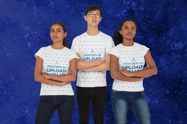 Placeit - Mockup of a Group of Three Gamers Wearing T-Shirts