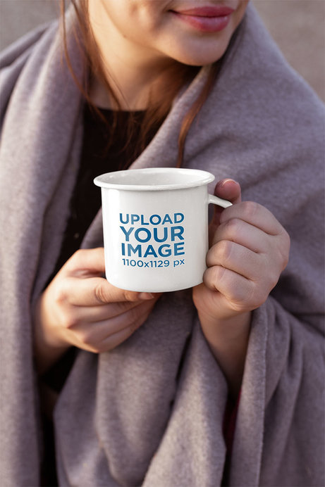 Placeit - 12 Oz Enamel Mockup of a Woman with a Blanket over Her Shoulders