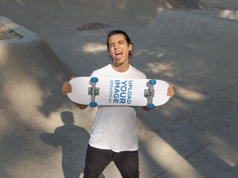Placeit - Skateboard Mockup Featuring a Male Skater Making a Crazy Face