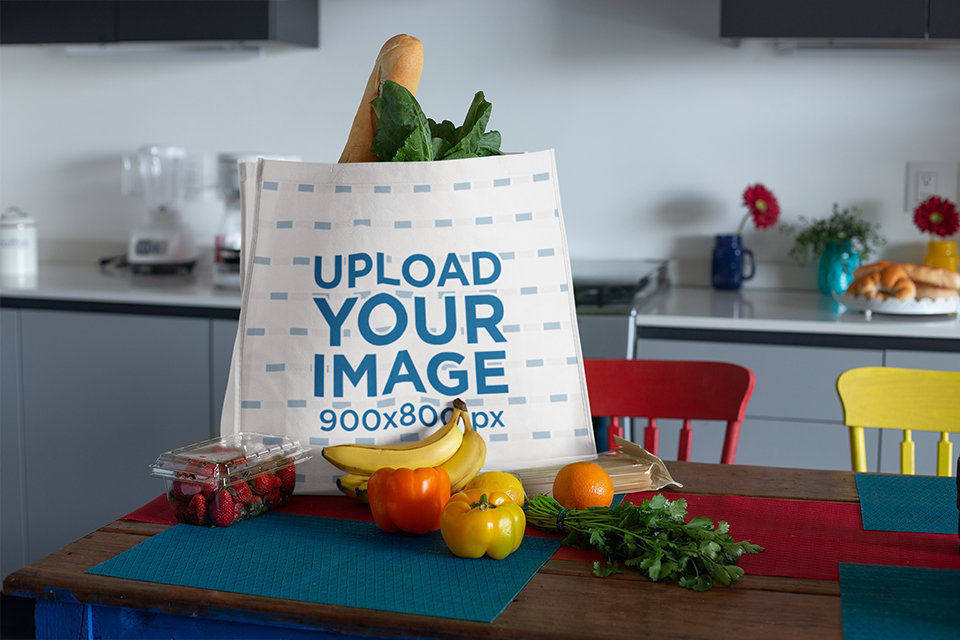 Placeit - Mockup of a Grocery Bag on a Kitchen's Table