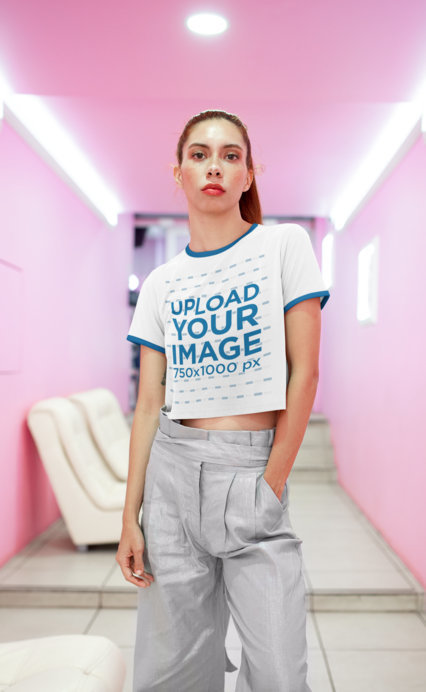 Placeit - Crop Top Ringer Tee Mockup Featuring a Freckled Woman in a ...