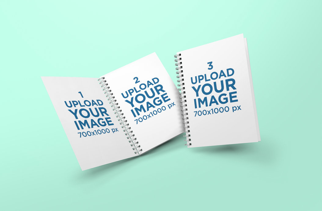 Placeit - Mockup of Two A5 Spiral Notebooks Falling Into a Customizable ...