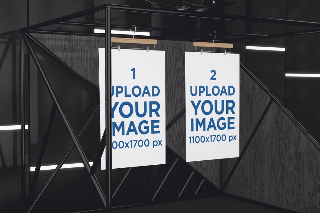 Placeit - Mockup Featuring Two Posters Hanging from a Black Metal Structure