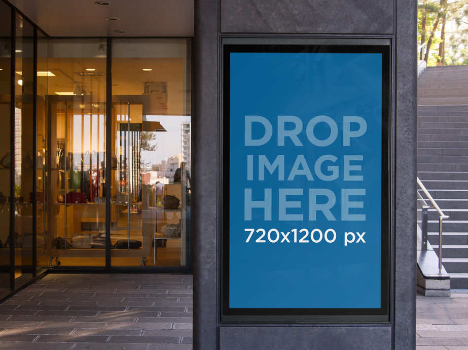 Placeit - Vertical Banner Mockup Outside a Department Store