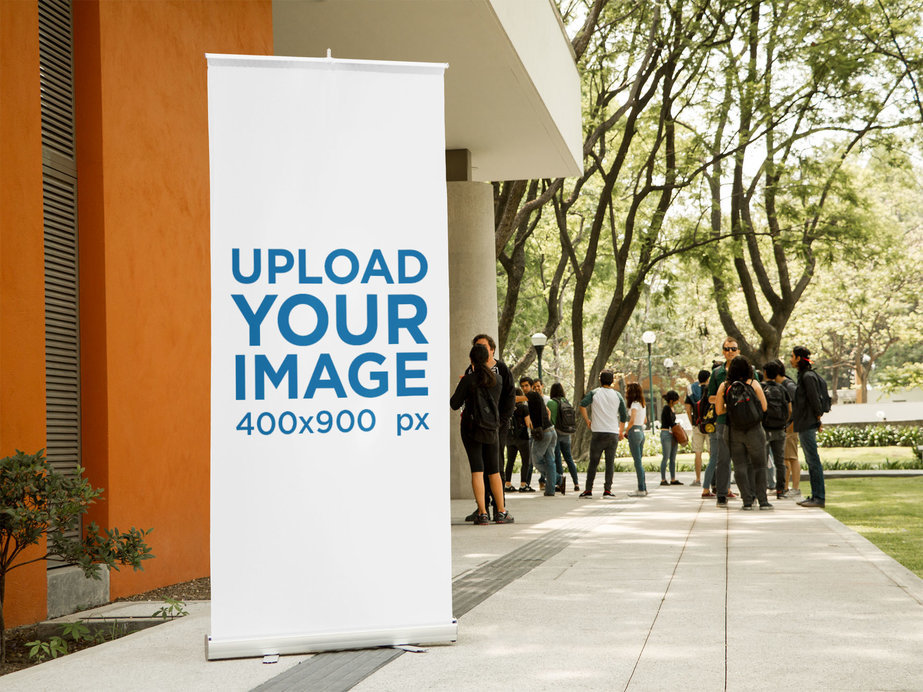 Placeit - Vertical Banner Mockup Outside a School Gymnasium