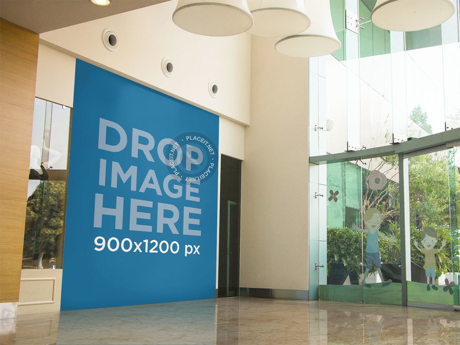 Placeit - Horizontal Banner Mockup Outside a Store at a Mall