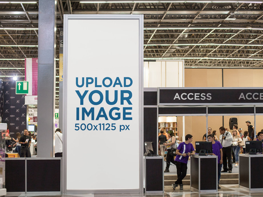 Placeit - Vertical Banner Mockup at a Convention Center During an Expo