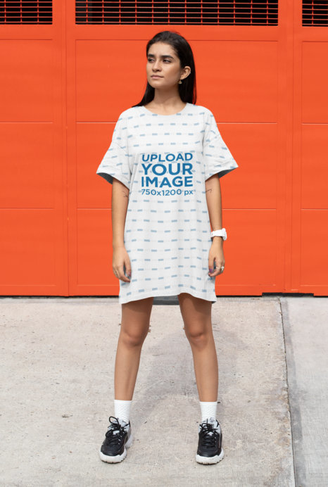 Placeit - Shift Dress Mockup of a Woman Posing Against a Gate