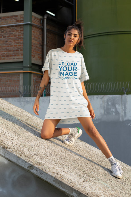 Placeit - Shift Dress Mockup Featuring a Woman Posing on a Concrete ...