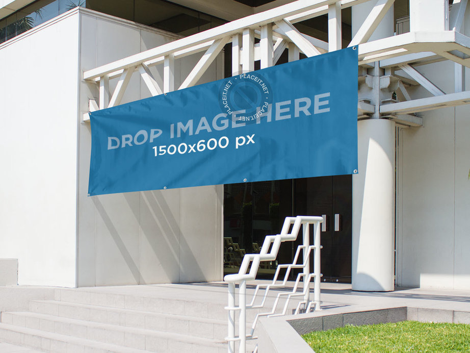 Placeit - Horizontal Banner Mockup Hanging From a Library's Entrance