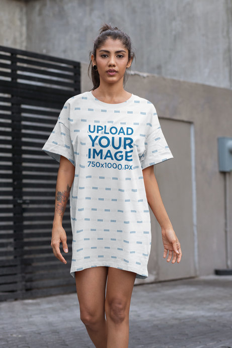 Placeit - Shift Dress Mockup of a Woman in Front of a Building