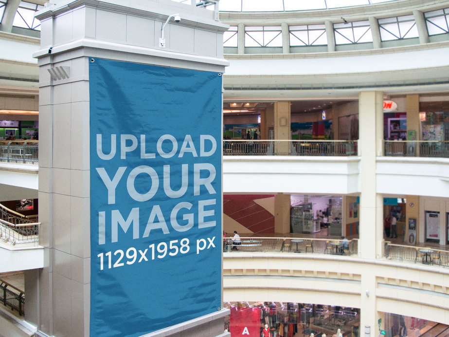Placeit - Big Vertical Banner Mockup at a Shopping Mall